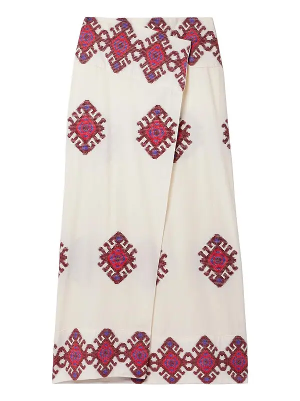 Johanna Ortiz Net Sustain Beauty Abounds Embroidered Cotton Midi Wrap Skirt - Neutrals