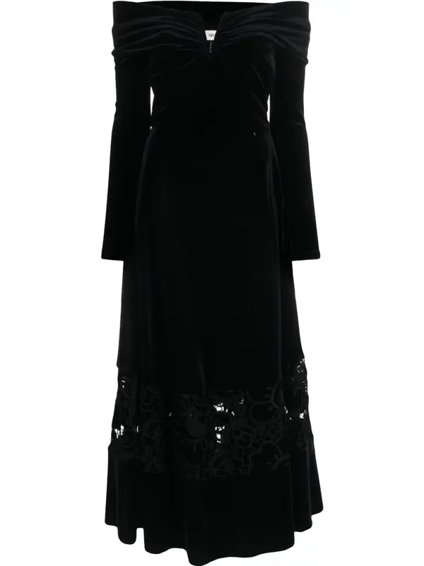 NISSA Lace-detailing Velvet-finish Midi Dress - Black