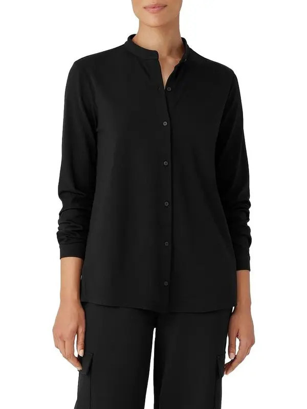Eileen Fisher Band Collar Jersey Button-up Shirt - Black