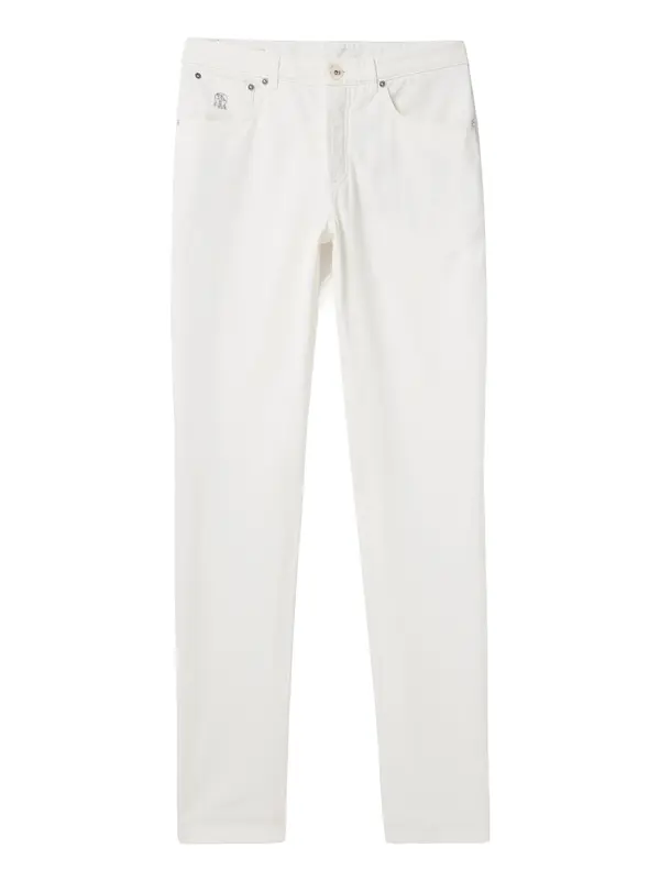 Brunello Cucinelli Straight-leg Cotton-gabardine Trousers With Logo - White