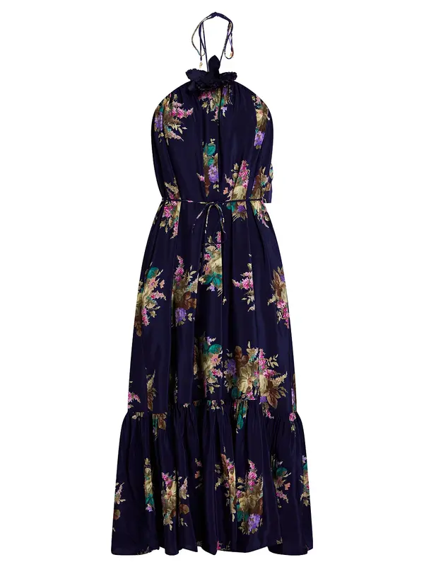 Zimmermann Floral-print Silk Crepe De Chine Halterneck Midi Dress - Navy