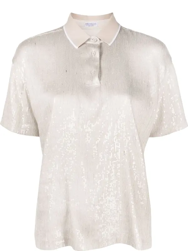 Brunello Cucinelli Sequin Embellished Polo T-shirt - Neutrals