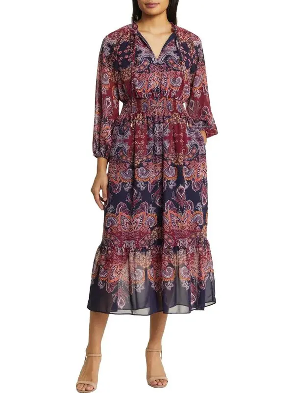 Vince Camuto Paisley Long Sleeve Chiffon Midi Dress - Navy Multi