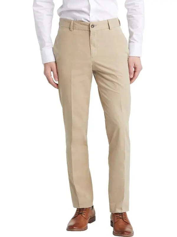 Berle Trim Fit Cotton Poplin Dress Pants - Khaki