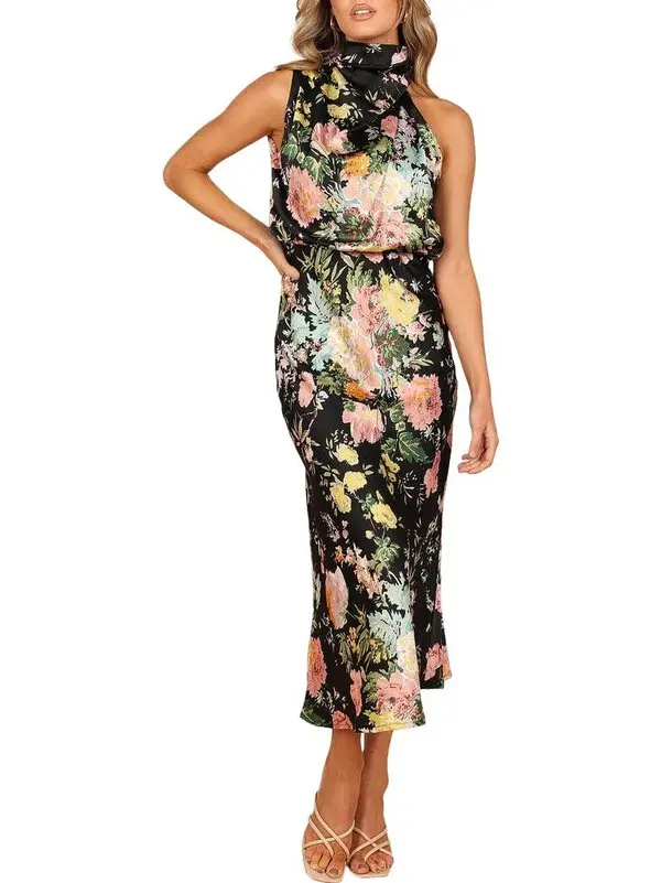 PETAL & PUP Anabelle Floral Satin Midi Dress - Black Floral