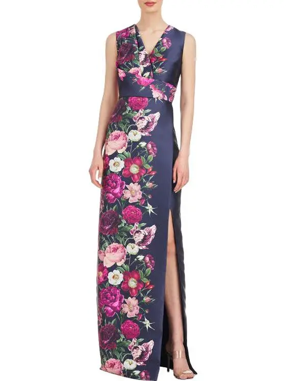 KAY UNGER Coraline Floral Faux Wrap Sheath Gown - Dark Midnight