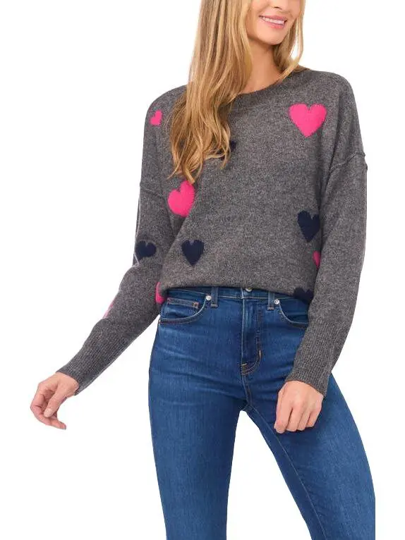 CECE DUPRAZ Heart Pattern Intarsia Crewneck Sweater - Medium Heather Grey