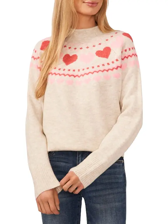 CECE DUPRAZ Fair Isle Heart Pattern Funnel Neck Sweater - Malted
