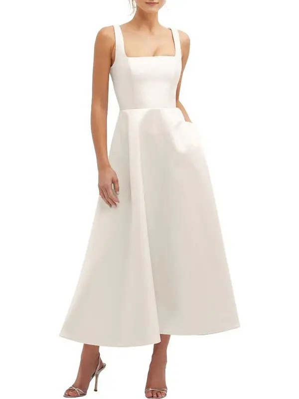 Dessy Collection Square Neck Sateen Midi Gown - Ivory