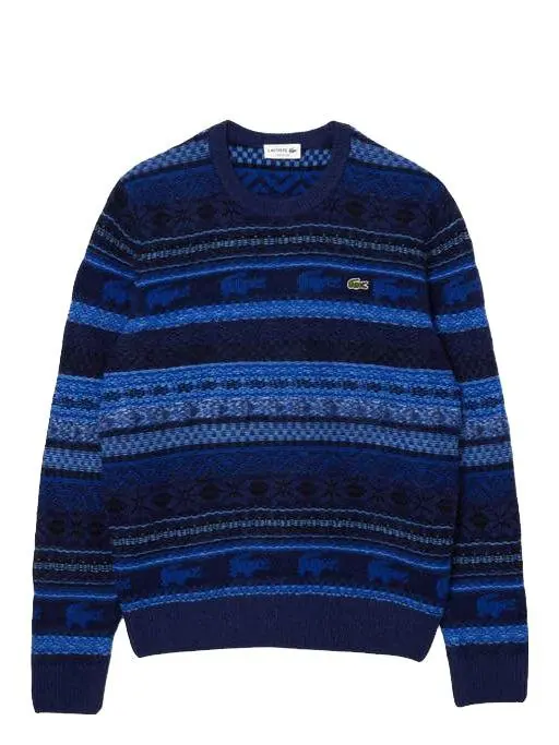 Lacoste Patterned Striped Wool Blend Sweater - Uib Cobalt/multico