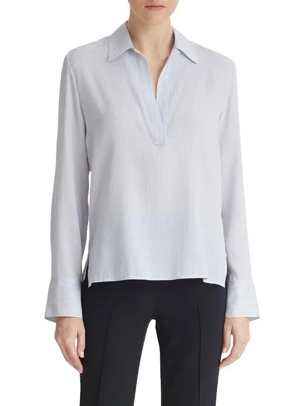 Vince Micro Stripe Stretch Silk Popover Shirt - Sky Graphite