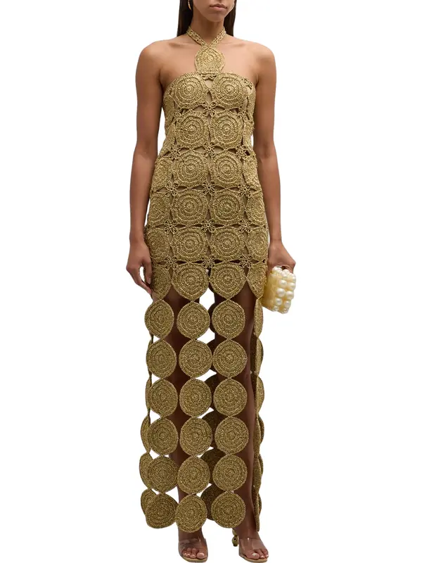 SIMONMILLER Lurex Crochet Cutout Halter Maxi Dress - Star Gold