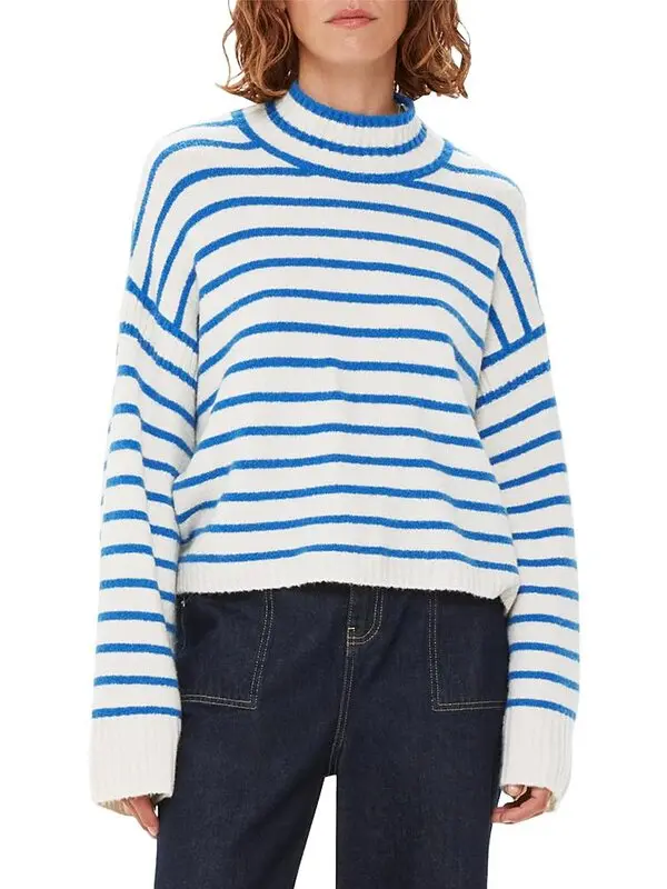 Whistles Stripe Ribbed Knit Funnel Sweater - Blue/multi