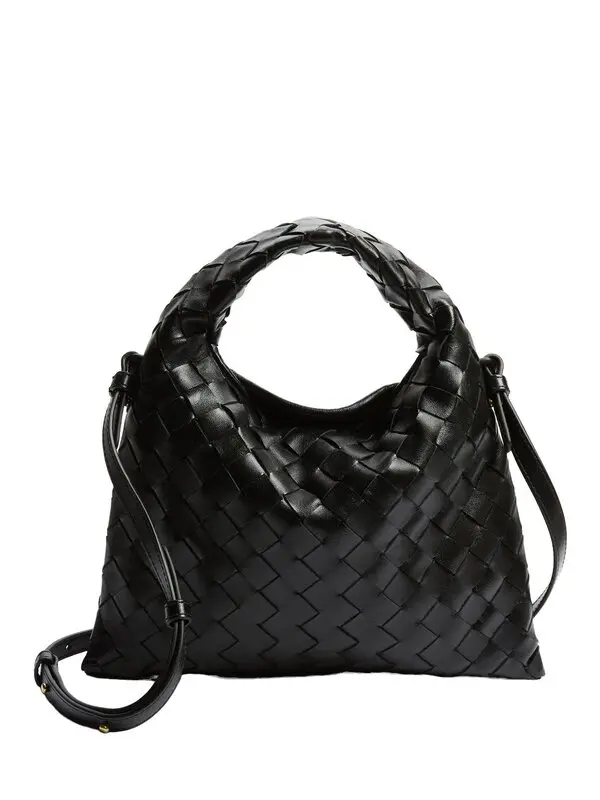 Bottega Veneta Mini Hop Intrecciato Leather Hobo Bag - Black Brass/ Black