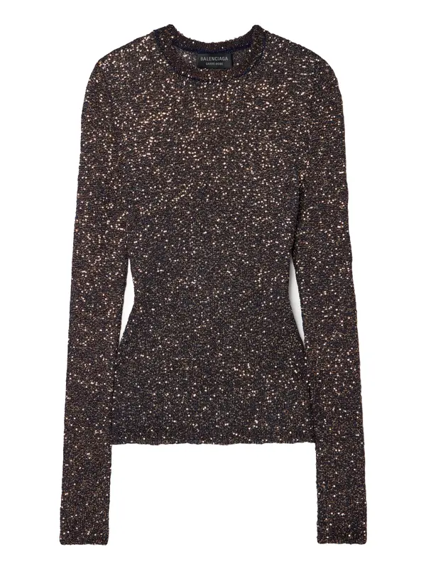 Balenciaga Sequined Stretch-knit Sweater - Brown