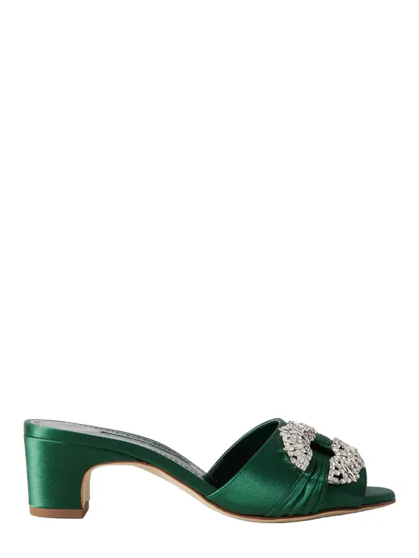 Manolo Blahnik Prinap 50 Crystal-embellished Ruched Satin Mules - Green