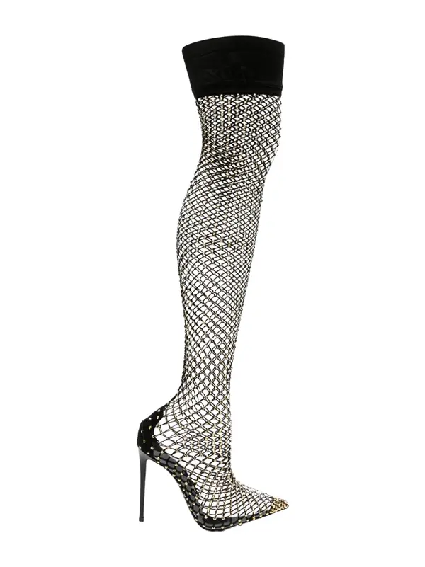 LE SILLA Gilda 120mm Rhinestone Fishnet Boots - Black