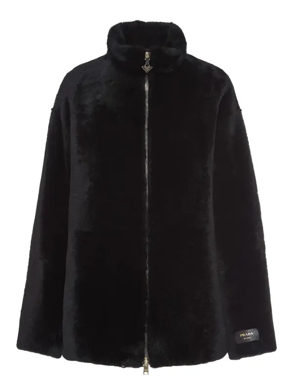 Prada Logo-appliqué Shearling Jacket - Black
