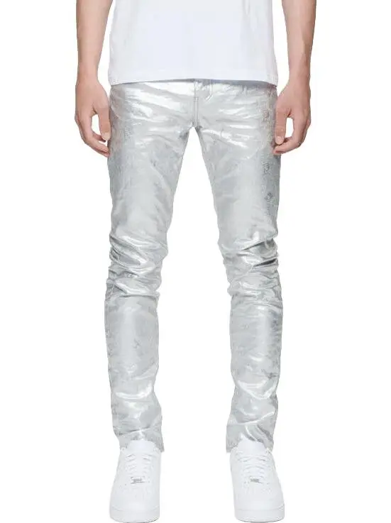 PURPLE BRAND Metallic Monogram Skinny Jeans - Grey Silver
