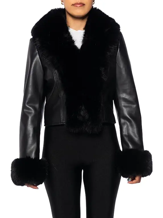 AZALEA WANG Faux Leather Jacket With Faux Fur Trim - Black