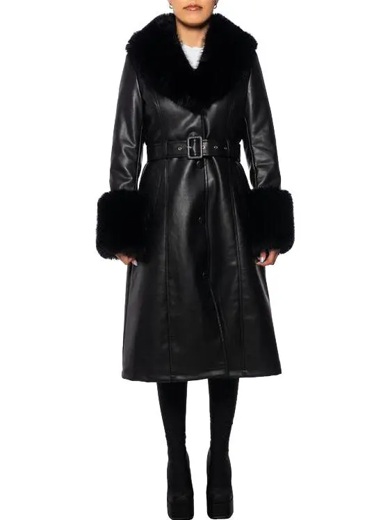 AZALEA WANG Belted Faux Leather Trench Coat With Faux Fur Trim - Black