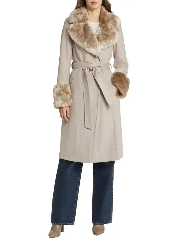Via Spiga Wool-blend Belted Coat With Faux Fur Trim - Bone
