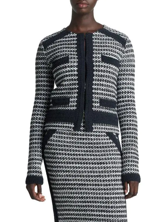 St. John Bicolor Mixed Knit Crop Jacket - Black/ Ivory Multi