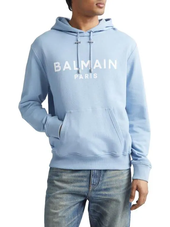 Balmain Organic Cotton Logo Graphic Hoodie - Slj Pale Blue/white