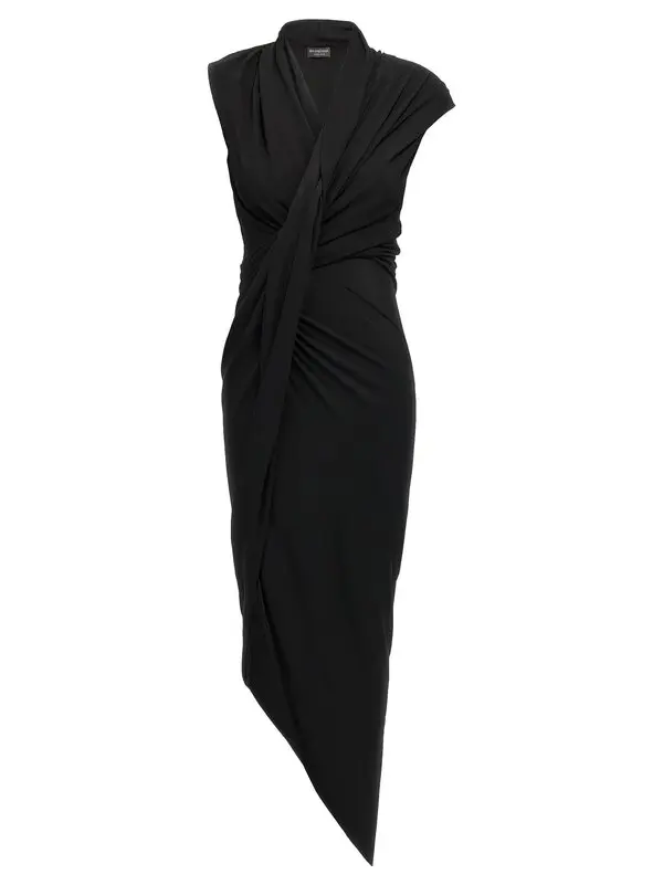 Balenciaga Draped Jersey Crêpe Midi Dress - Black