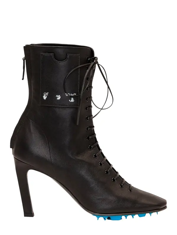 Off White Leather Heel Boots - Black