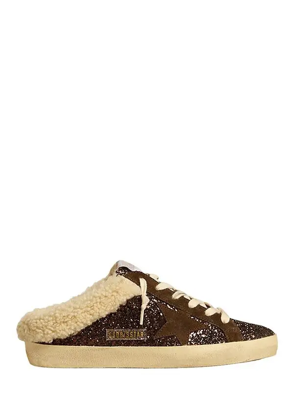 GOLDEN GOOSE Super-star Glitter Shearling Mule Sneakers - Chocolate Brown/white