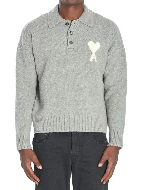 Ami Polo Collar Knit Sweater - Grey