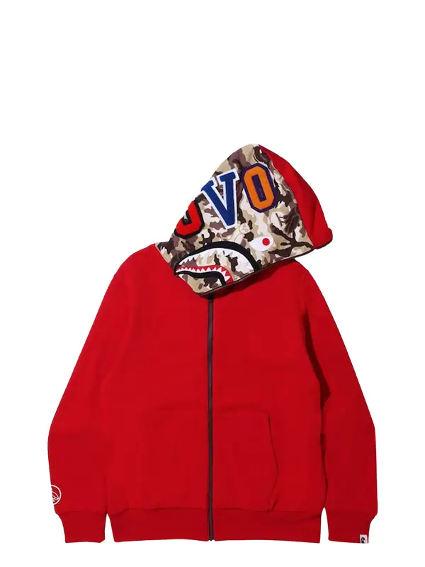 BAPE X Ovo Woodland Camo Shark Reversible Full Zip Hoodie - Red