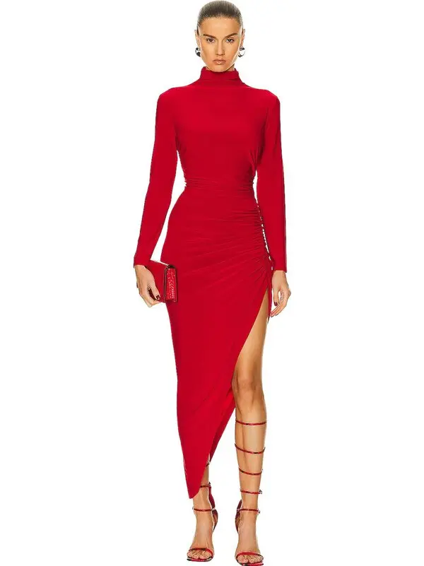 Norma Kamali Long Sleeve Turtleneck Side Drape Gown - Tiger Red