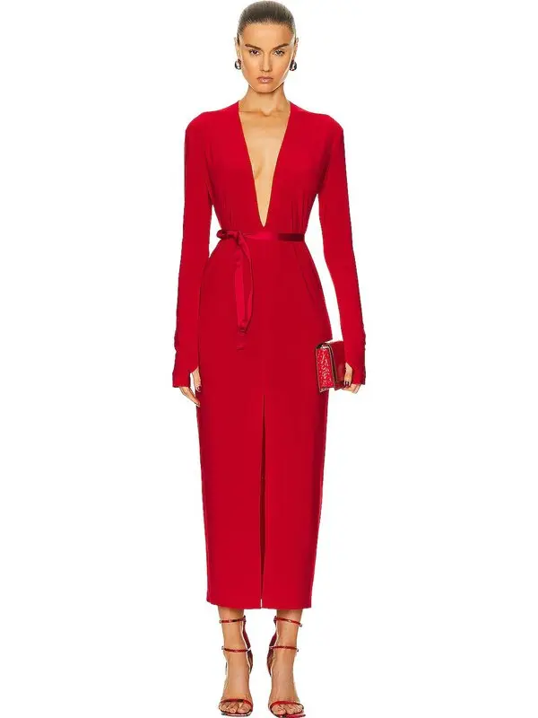 Norma Kamali Long Sleeve Deep V-neck Gown - Tiger Red