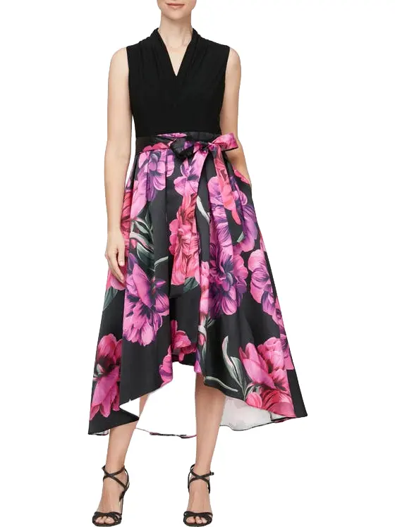 SL FASHIONS Floral High-low Cocktail Dress - Black