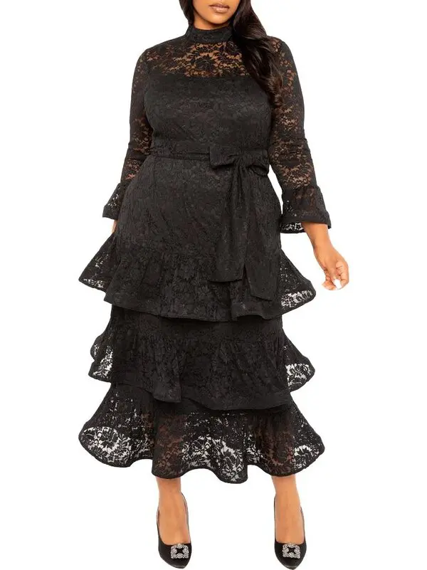 BUXOM COUTURE Tiered Lace Maxi Dress - Black