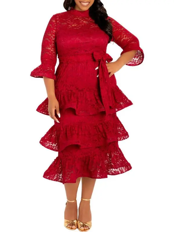 BUXOM COUTURE Tiered Lace Maxi Dress - Burgundy