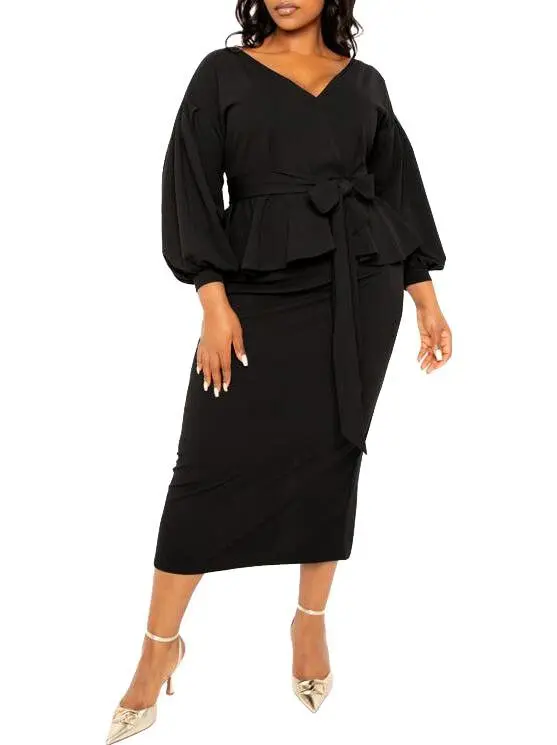 BUXOM COUTURE Convertible Shoulder Belted Peplum Midi Dress - Black