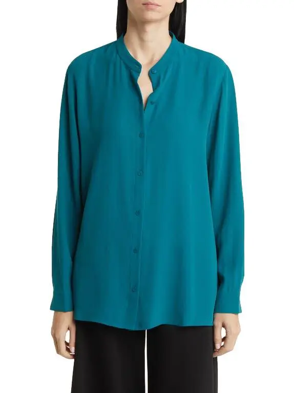 Eileen Fisher Mandarin Collar Silk Button-up Shirt - Peacock