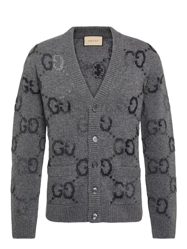 Gucci Jumbo Gg Intarsia Wool-blend Cardigan - Grey