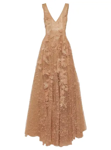 Costarellos Appliqué Tulle Gown - Beige