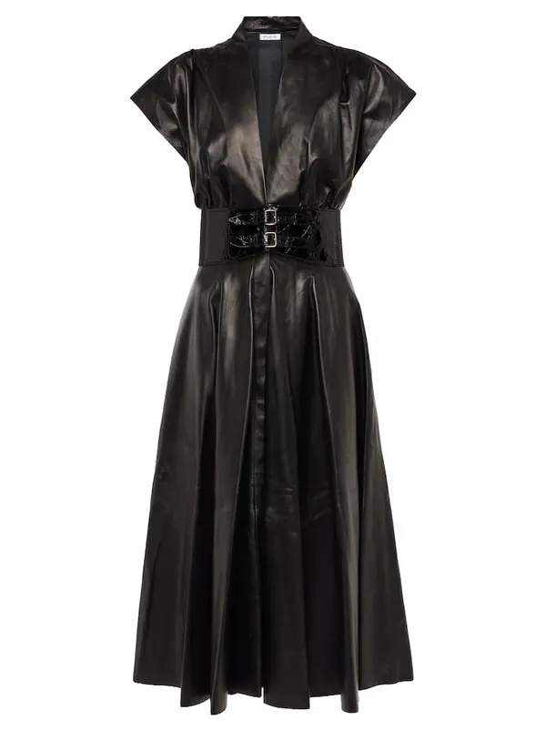 Alaïa Belted Leather Midi Dress - Black