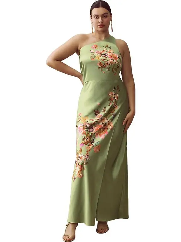 Bhldn Dylan Stretch Satin One-shoulder Maxi Dress - Bright Green Placement Print