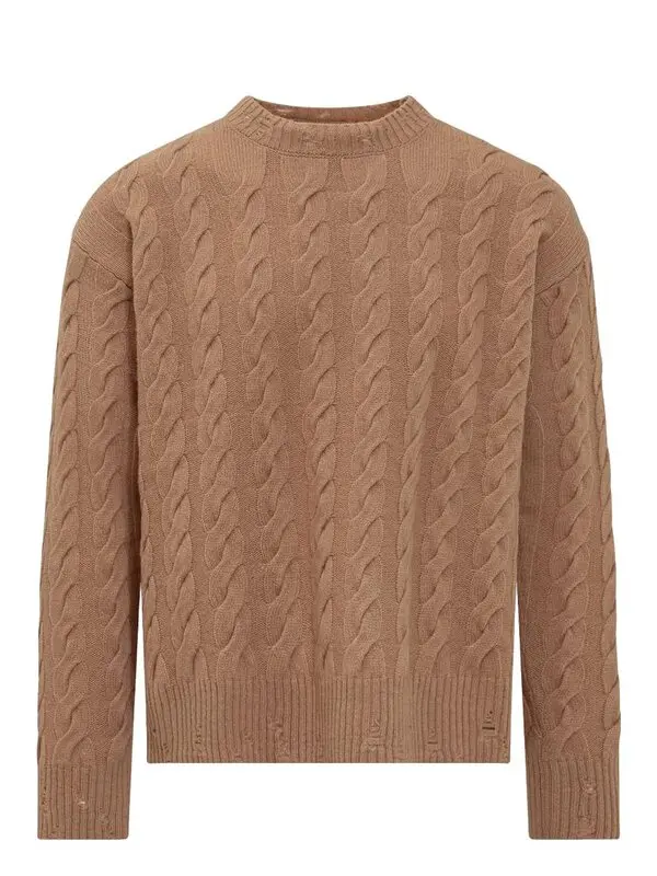 LANEUS Crew Neck Braided Knit Sweater - Brown