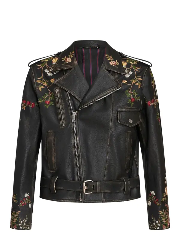 Etro Floral-embroidered Leather Biker Jacket - Black
