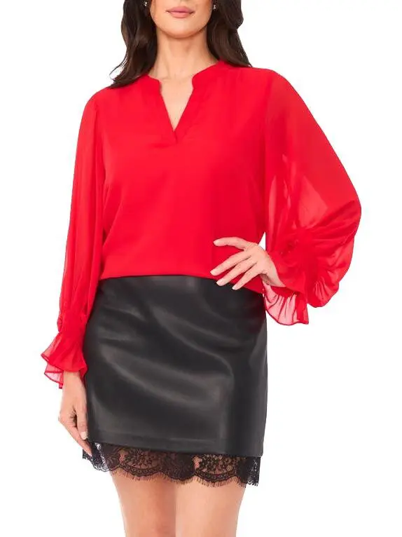 Vince Camuto Ruffle Cuff Split Neck Blouse - Bright Red