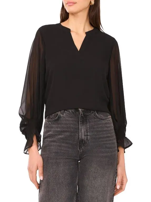 Vince Camuto Ruffle Cuff Split Neck Blouse - Rich Black