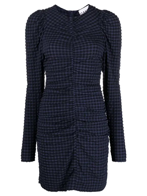 GANNI Checkered Seersucker Mini Dress - Blue