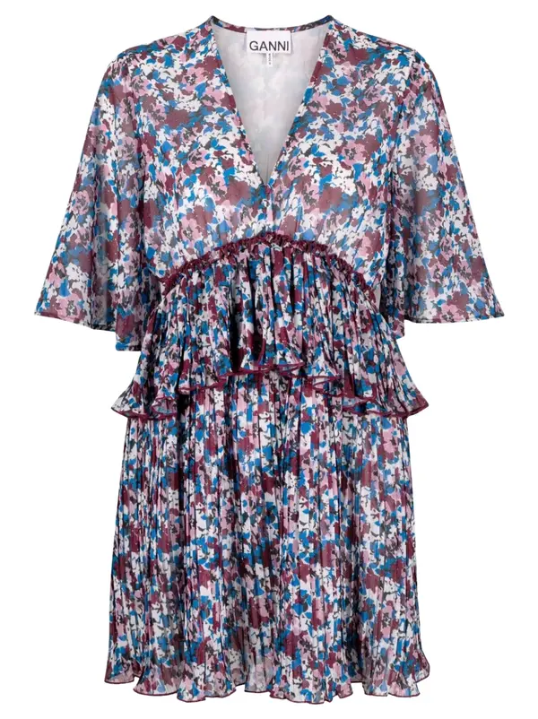 GANNI Pleated Floral-print Minidress - Blue